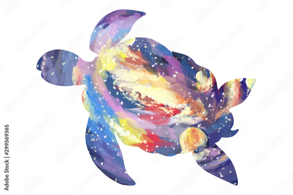 Bright ocean turtle silhouette galaxy sky. Night illustration on white ...