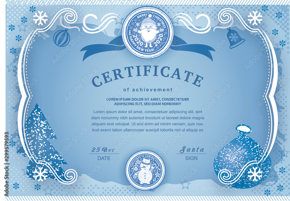 Christmas blue certificate with Santa Claus and Snowman. Winter frozen ...
