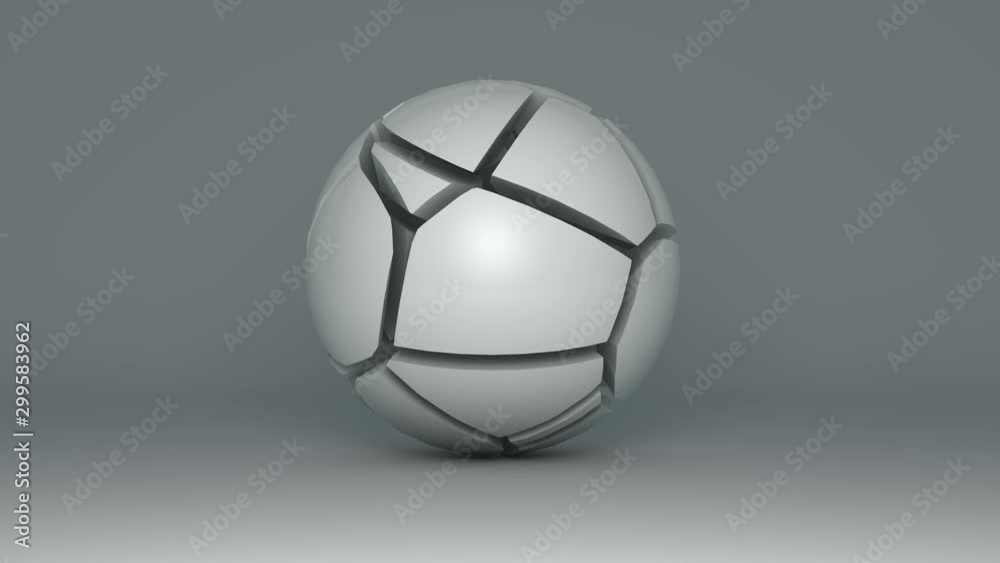 3D animation of a white sphere that splits into segments, uneven shards ...