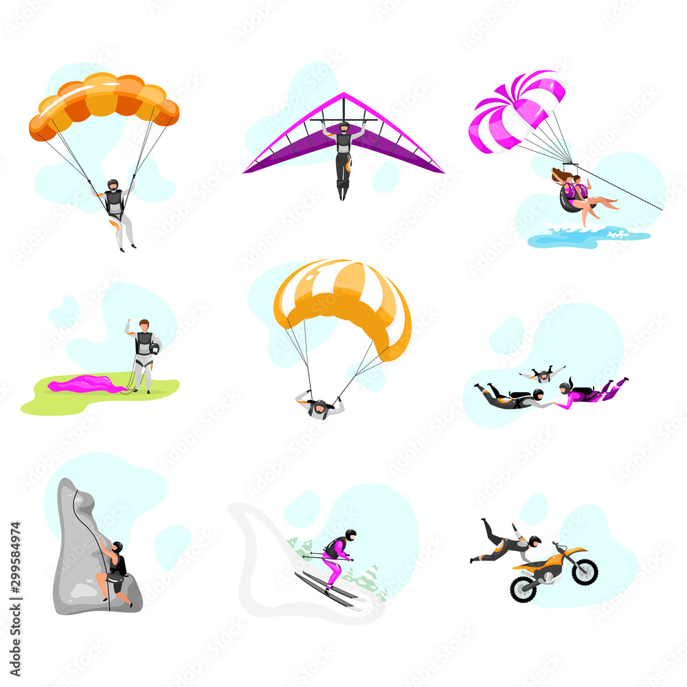 Extreme sport flat vector illustrations set. Couple paragliding ...
