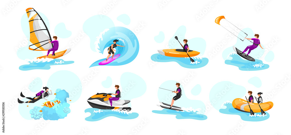 Extreme water sport flat vector illustrations set. Surfing, canoeing ...