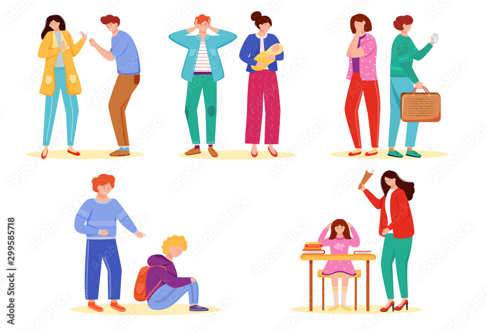 Trouble relationship flat vector illustrations set. School problems ...