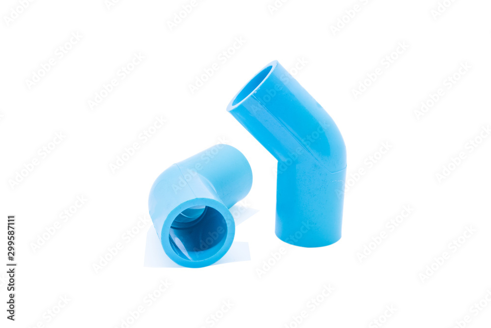 PVC blue pipe elbow 45 degree connect fitting isolated white background ...