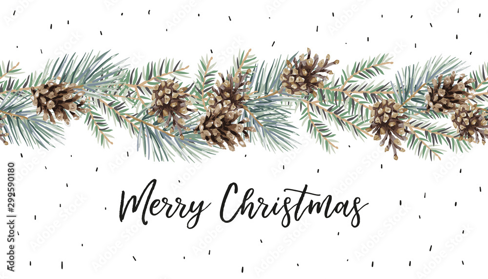 Xmas garland with text Merry Christmas, white background. Green pine ...