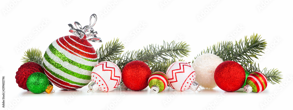 Christmas border of red, green and white ornaments with branches. Side ...