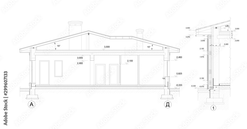 Set of detailed private house facade elements, architectural technical ...