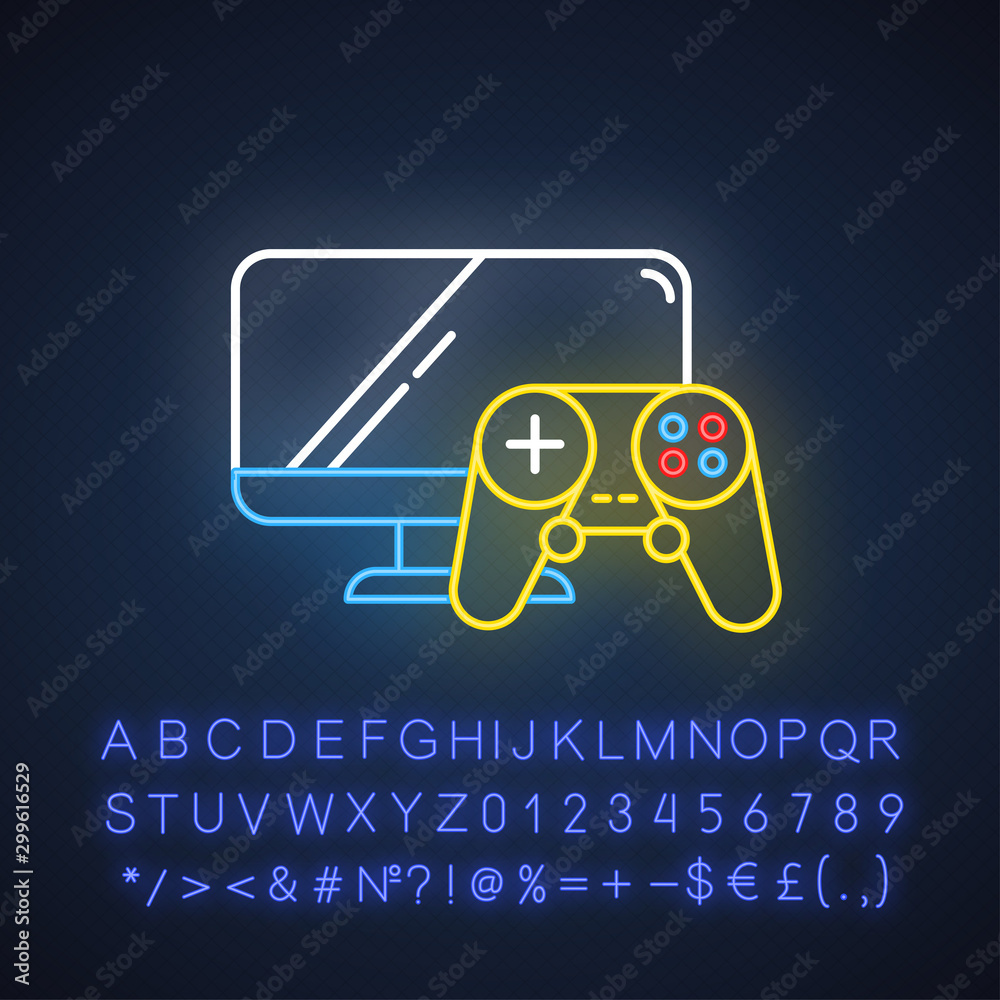 Video games and consoles neon light icon. Hobbies and computer. Game ...