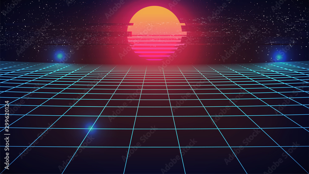 Synthwave Sunset Background. Blue Perspective Grid with Distorted Retro ...