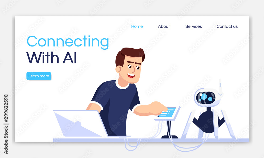 Connecting with AI landing page vector template. Programming robot ...