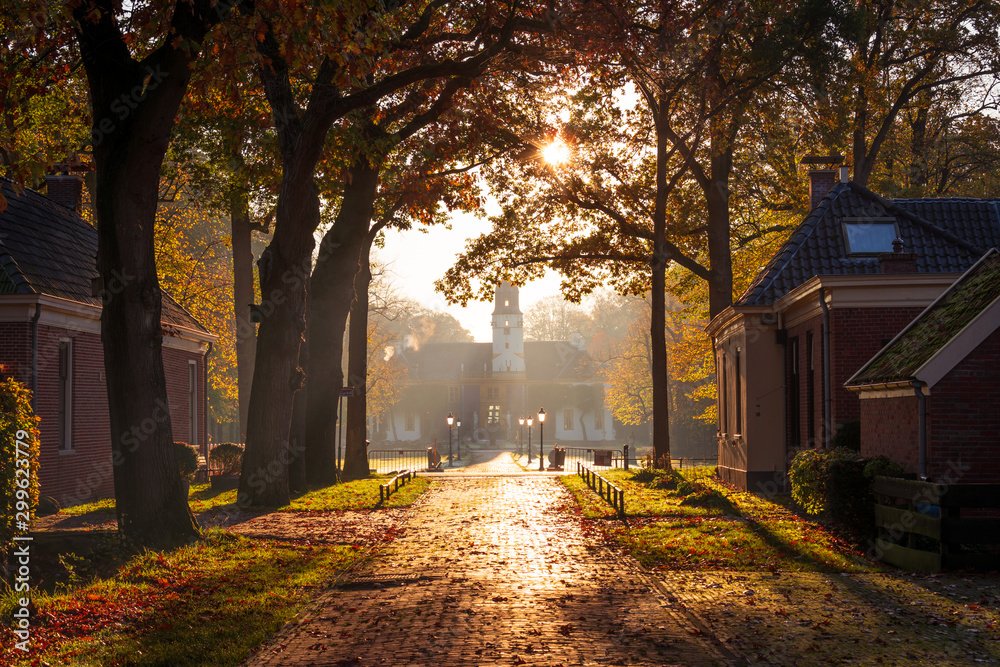 Autumn colors in a lane to an old estate in Slochteren. Groningen, the ...