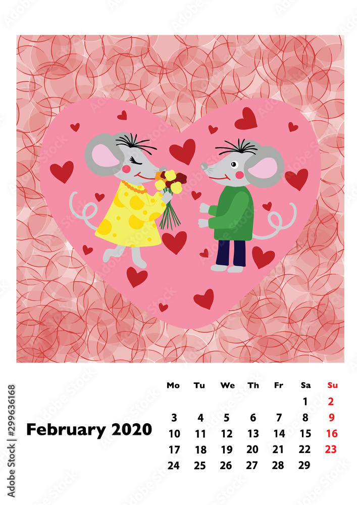 Children calendar 2020 for February, with main hero rat or mouse, a ...