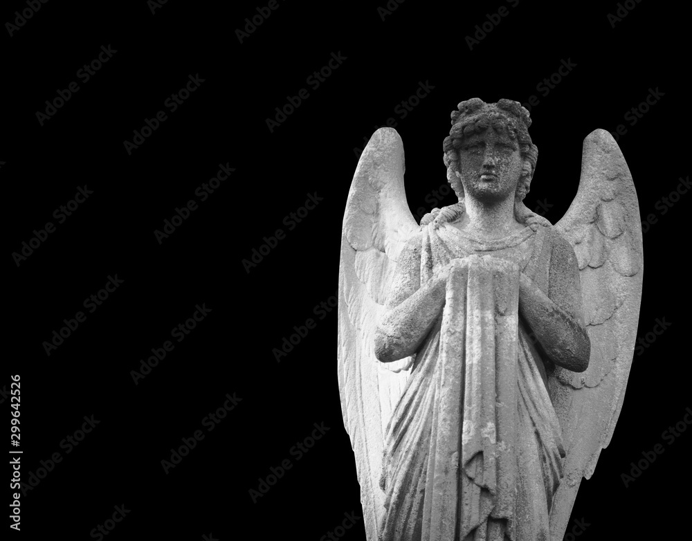 Death. Ancient statue of angel isolated on black background as symbol ...