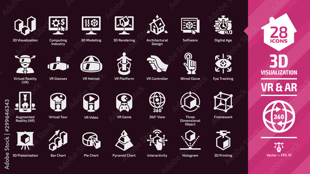 Vetor de 3D visualization icon set in dark mode with virtual ...