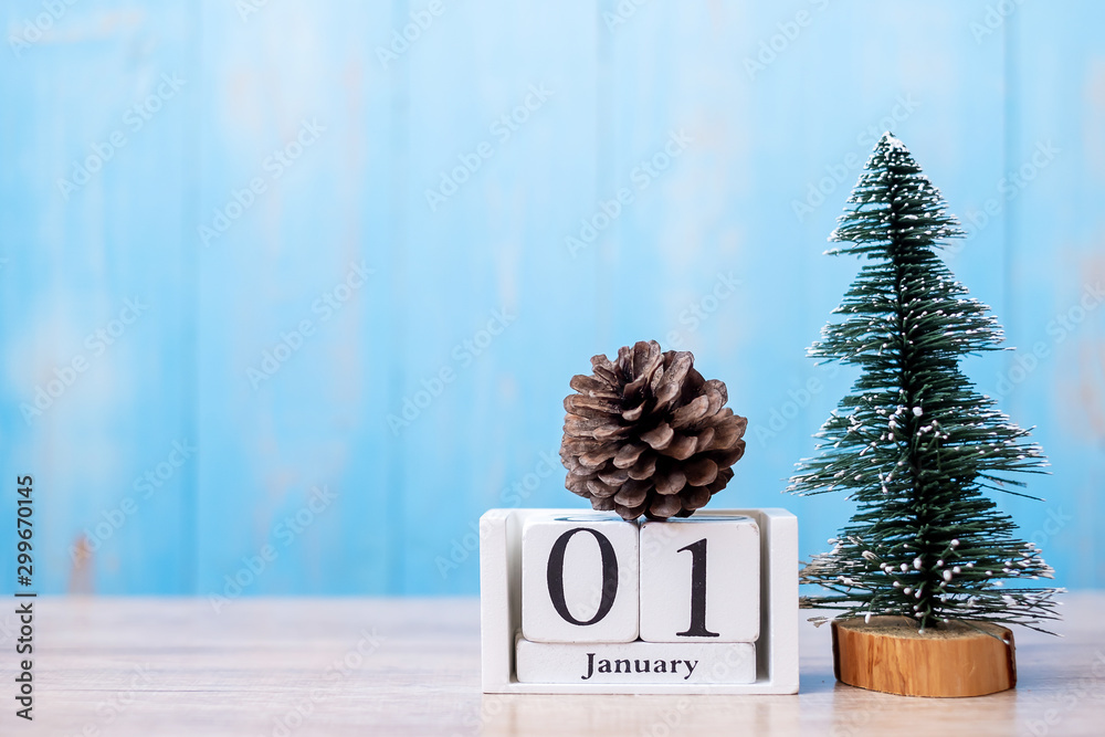 Happy New Year and Welcome January month with calendar wooden. time for ...