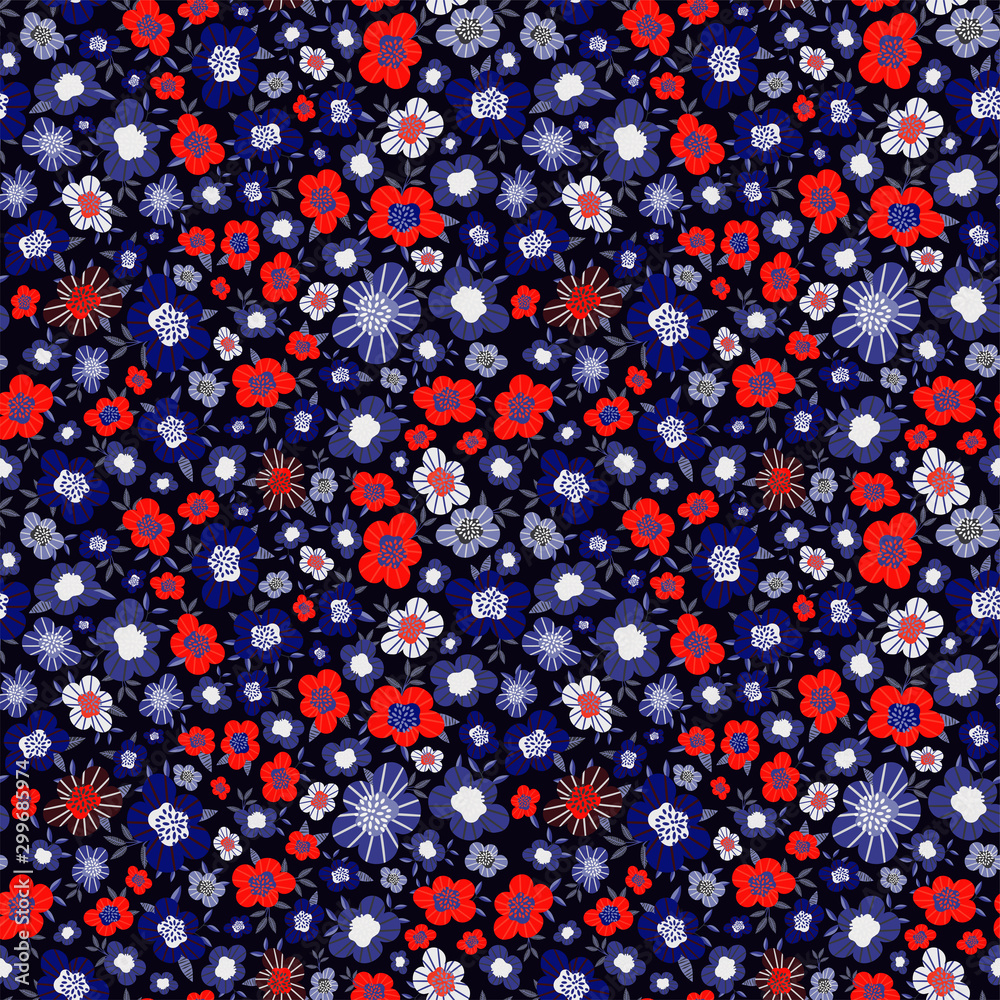 Floral pattern with red and blue flowers on dark background. Printing ...