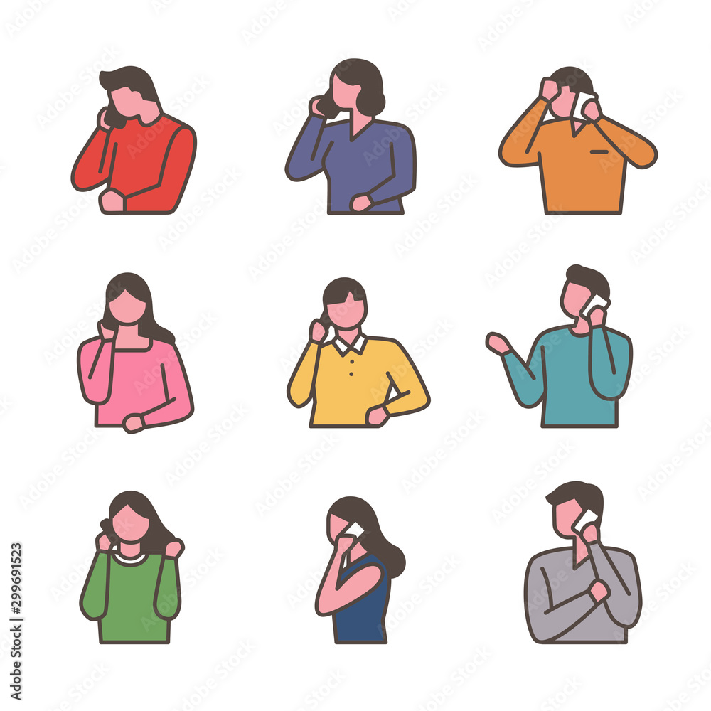 People making a phone call with a cellphone. Outline style character ...