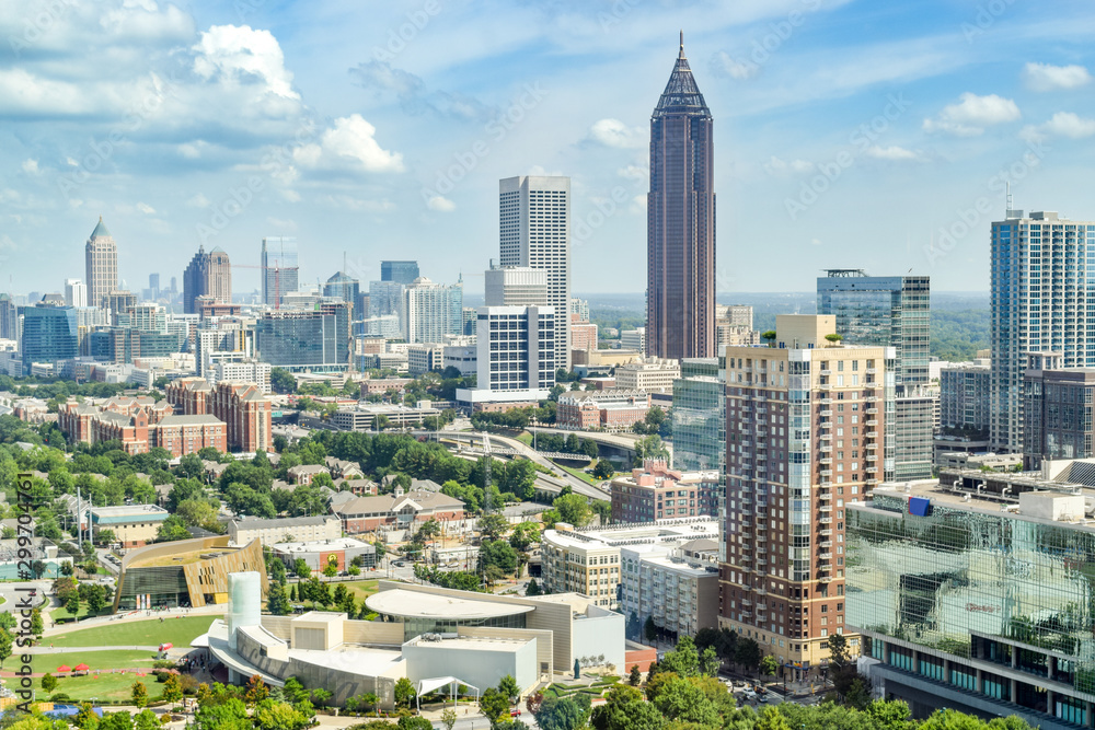 Aerial View of Downtown Atlanta (Midtown) and Olympic Park - Atlanta ...