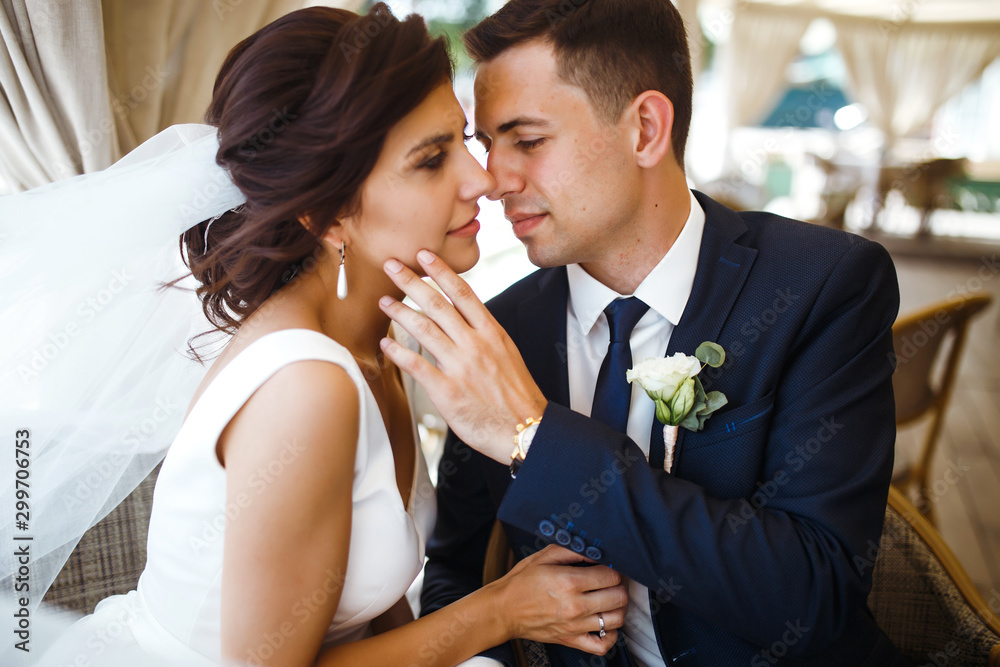 Young bride and groom in a cafe. Husband and wife hold each other's ...