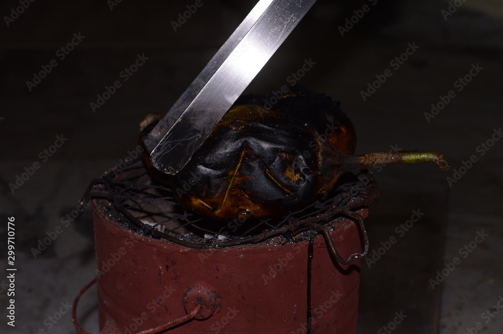 Grilling of Brinjal on coal stove or charcoal stove ( or mitti ka ...