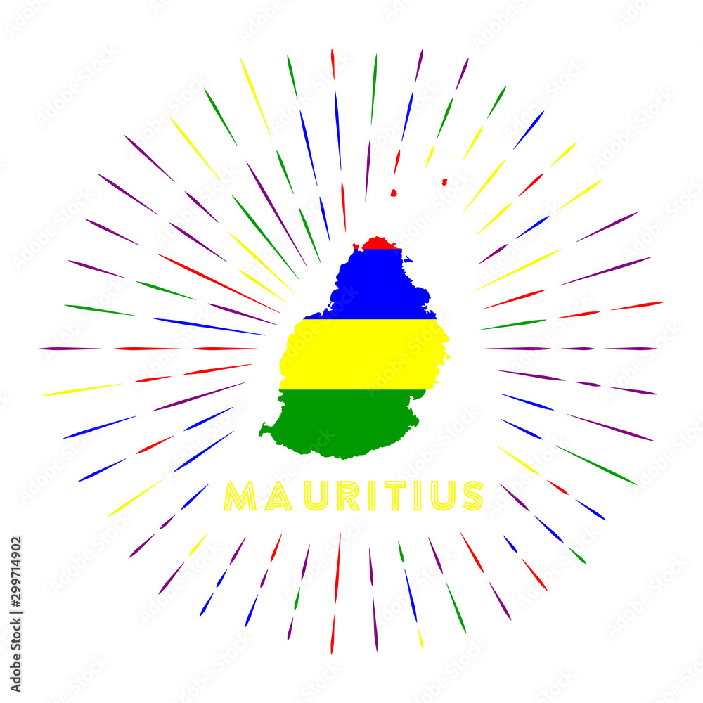 Mauritius sunburst badge. The island sign with map of Mauritius with ...