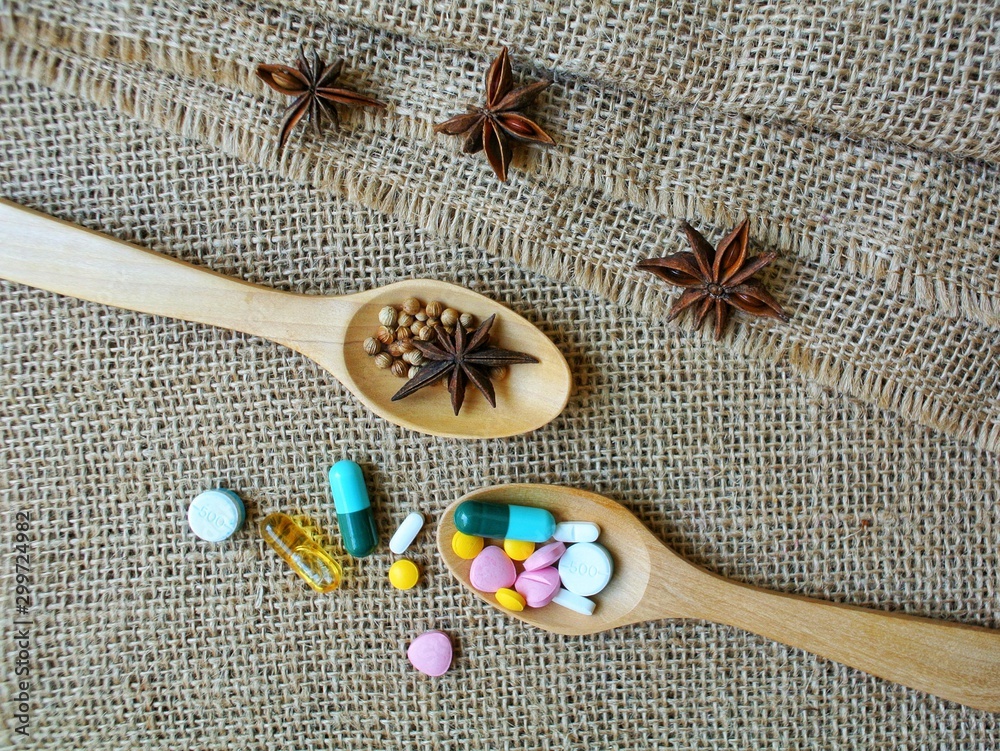 Tablets on a sackcloth background.Paracetamol, Antibiotics ...