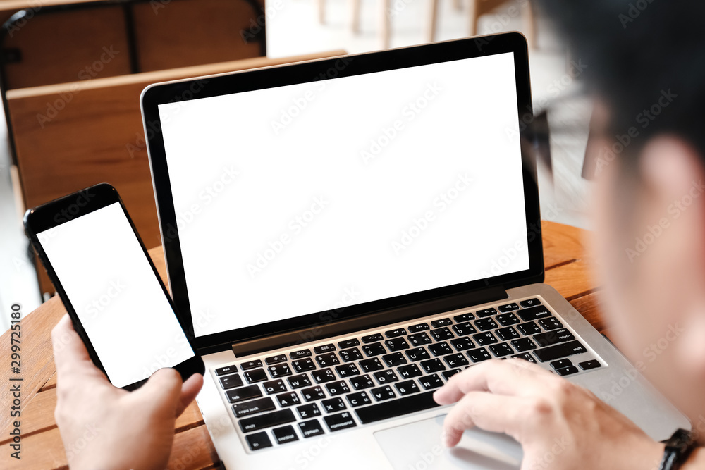 mockup image computer,cell phone blank screen for hand typing text ...