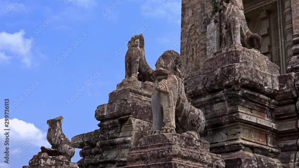4K, Stone Lion Guardian along the stairway with blue sky and clouds at ...