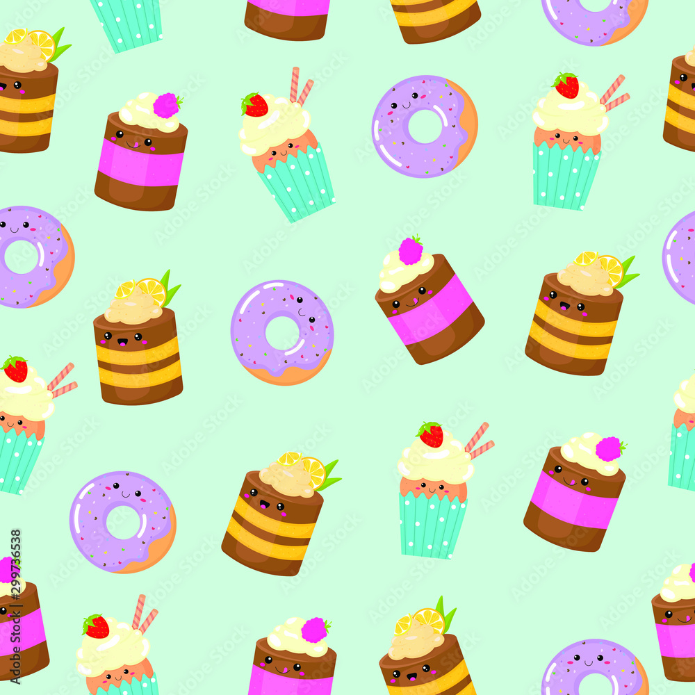 Vector graphics. Colorful, beautiful pattern with cakes, donuts ...