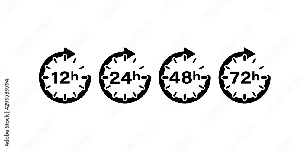 12, 24, 48 and 72 hours clock arrow. Vector work time effect or ...