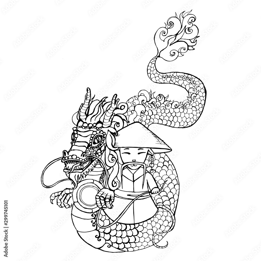 Chinese rat in straw hat on dragon's back. Coloring page. Isolated on ...