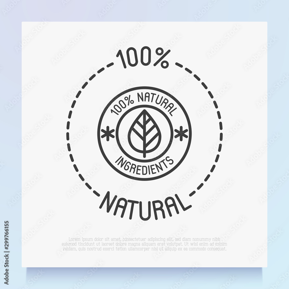 100 percent natural ingredients symbol. Thin line icon for package of ...