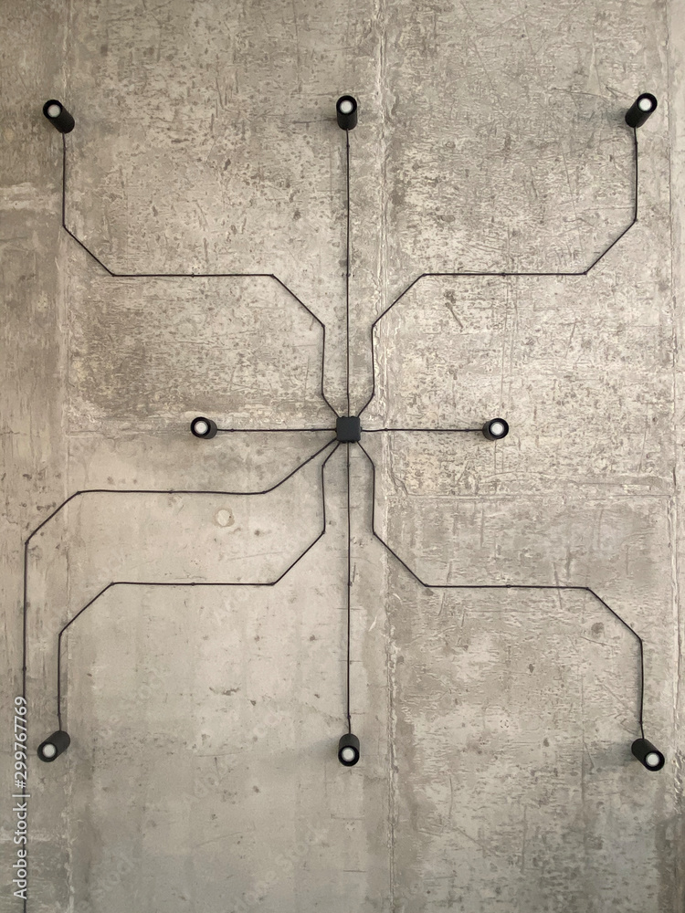 Modern loft style concrete ceiling with black spotlights. External ...