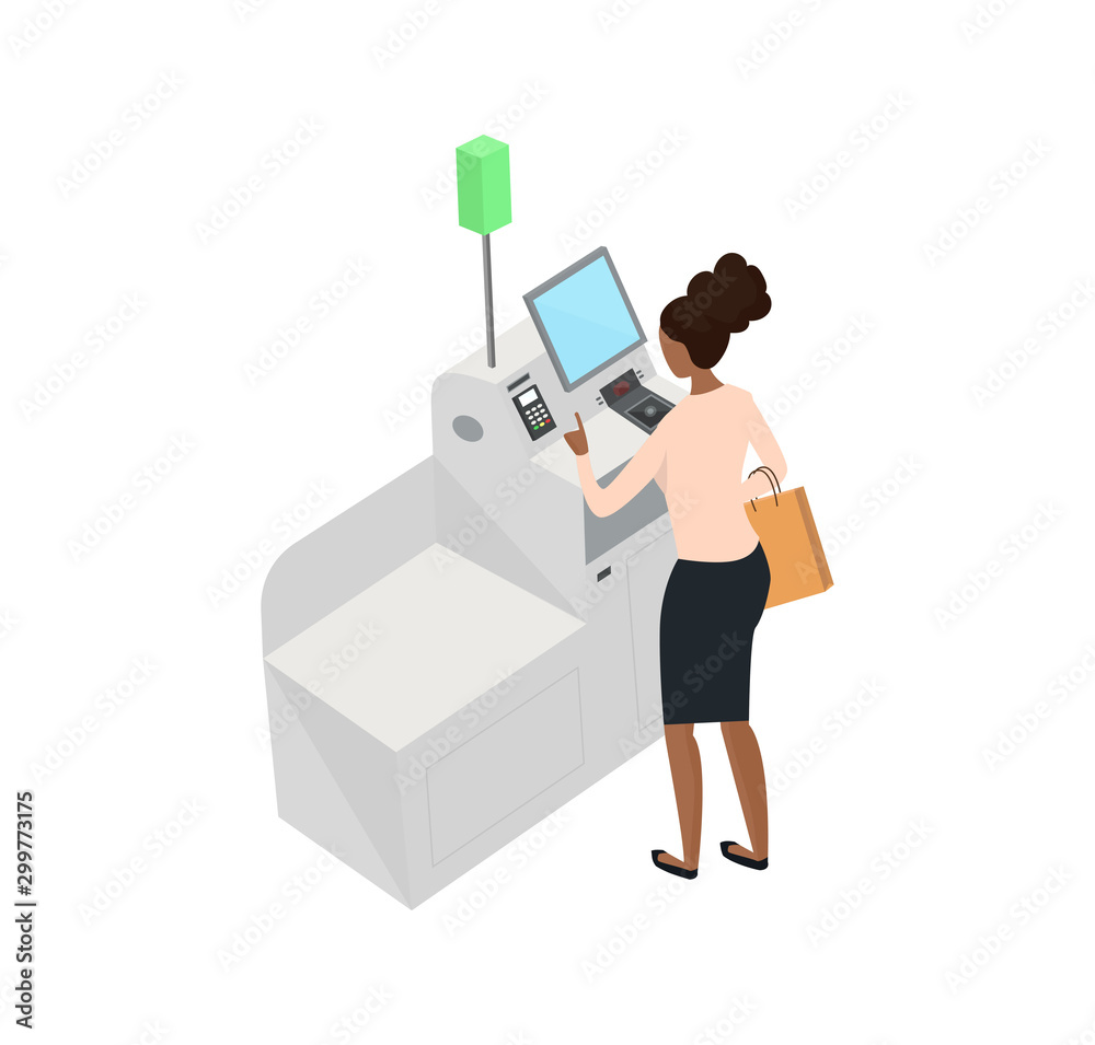 Self-service cashier or terminal isometric model. African American ...