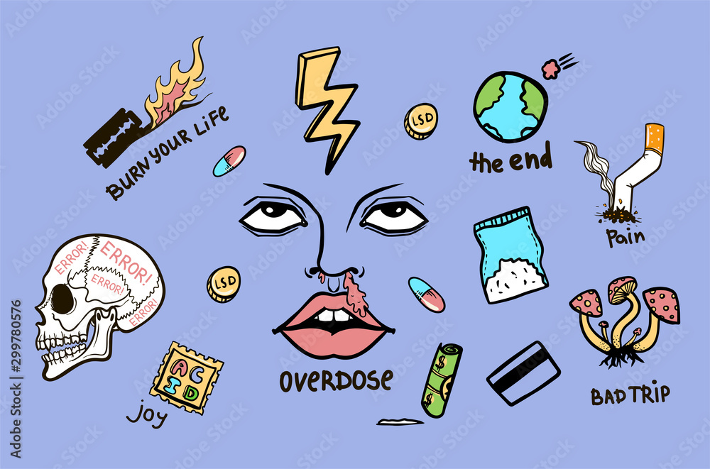 psychedelic trip symbols:LSD, skull, drugs, cocaine overdose Stock ...