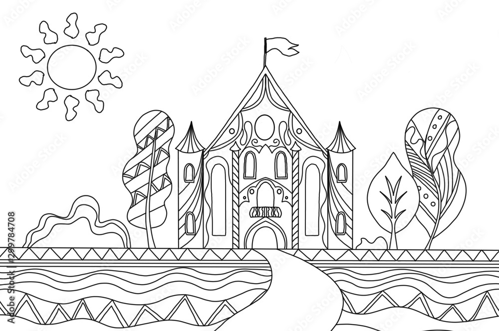 Princess castle coloring page. Hand drawing coloring book for children ...