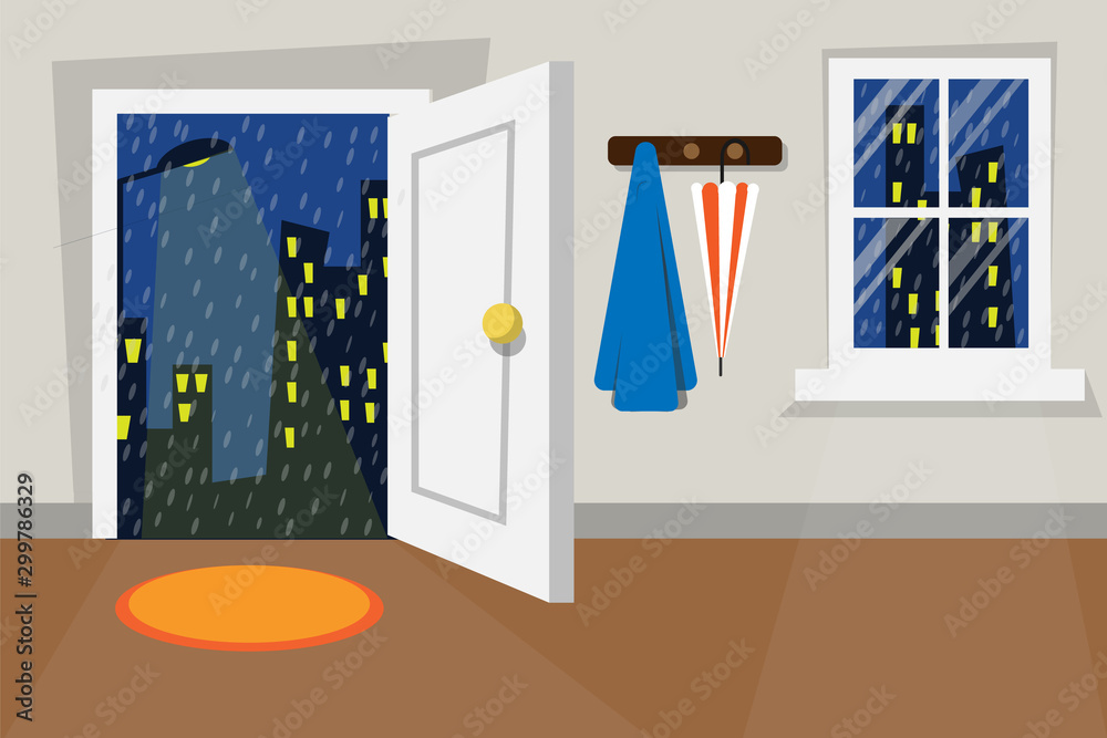 Flat cartoon stlye vector illustration. Rainy night city view. Open the ...