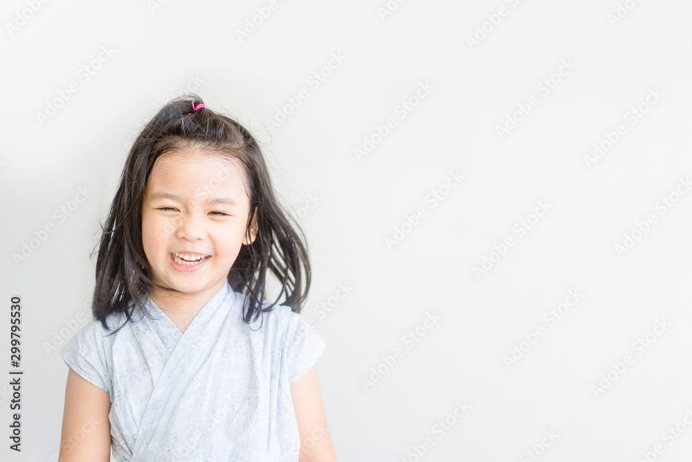 Little Asian Child Girl In Japanese Tradition Dress Ready For Onsen In