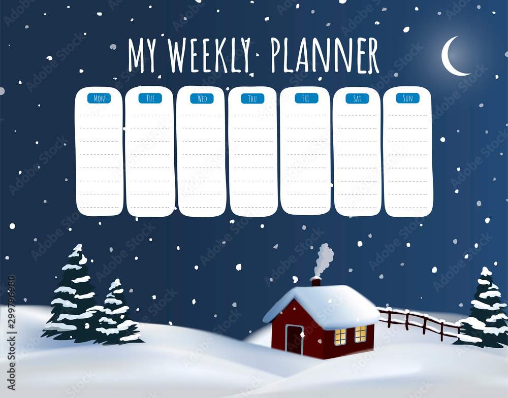 Vector winter snowfall night hand drawn weekly planner, schedule ...