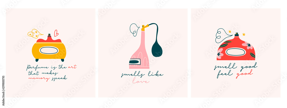 Set of three perfume cards with text. Fashion quotes. Hand drawn vector ...