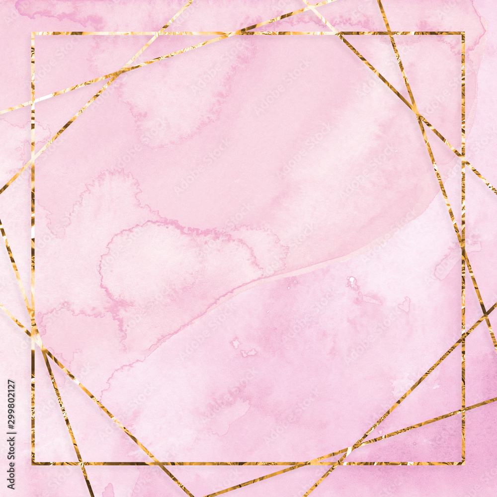 Soft pink watercolor background with gold frame Square invitation card ...