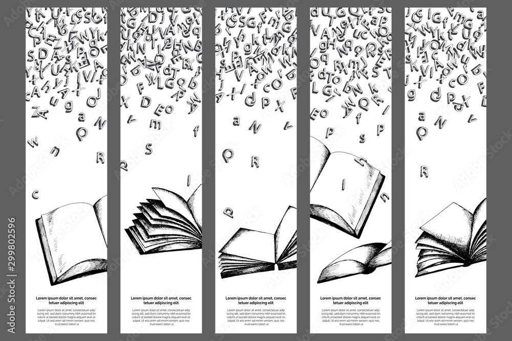 Bookmarks templates with letters and books. Sketch artwork on white ...