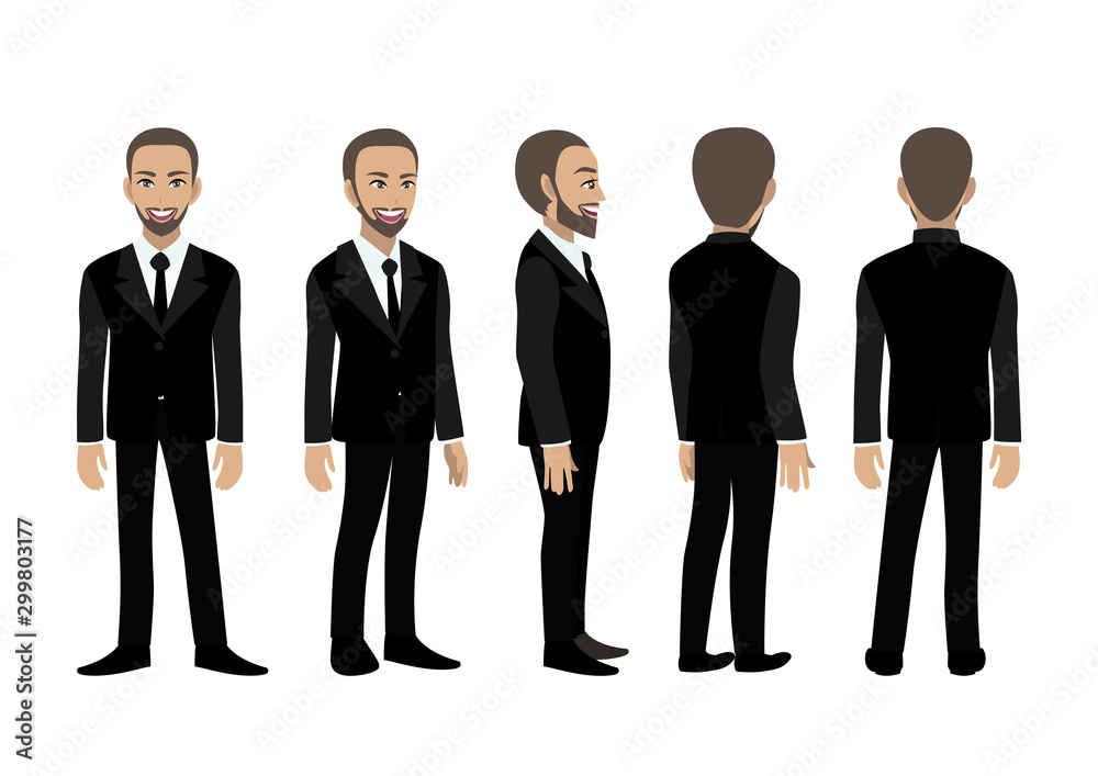 Vecteur Stock Cartoon character with business man. Front, side, back, 3 ...