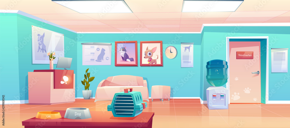 Veterinary clinic reception, empty hall interior with desk ...
