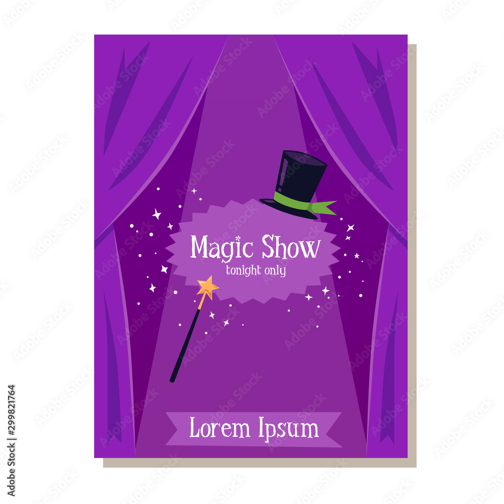 Magic show card or poster template with hat and wand, flat vector ...