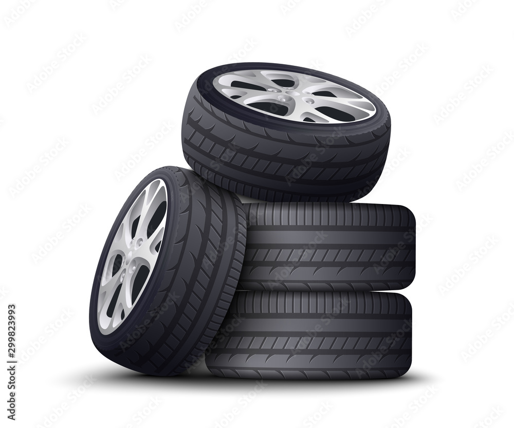 Realistic car wheel pile isolated on white background with black tires ...
