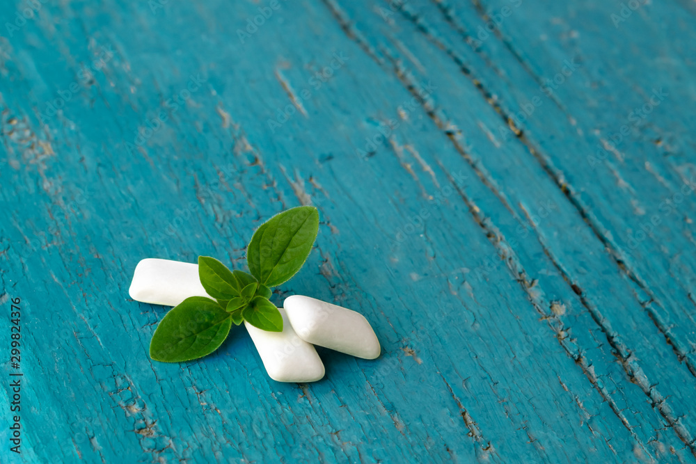 Group of white cubes of mint chewing gums with fresh peppermint leaves ...