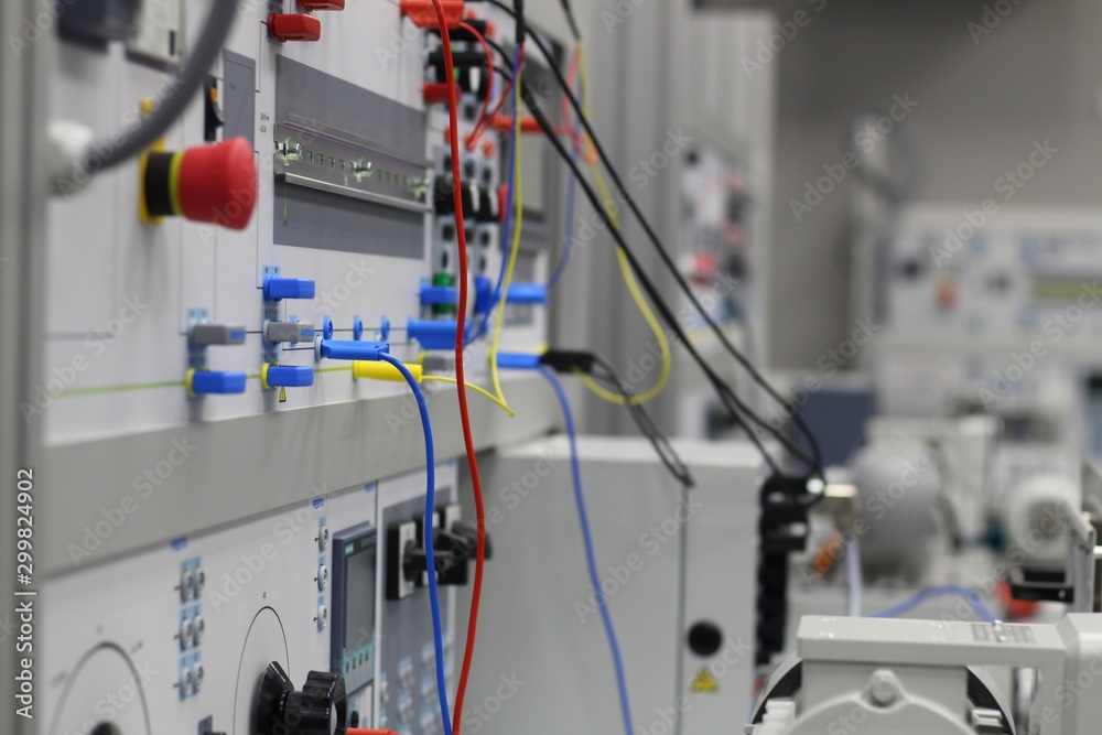 The front panel of the electrical appliance with wires, connectors ...
