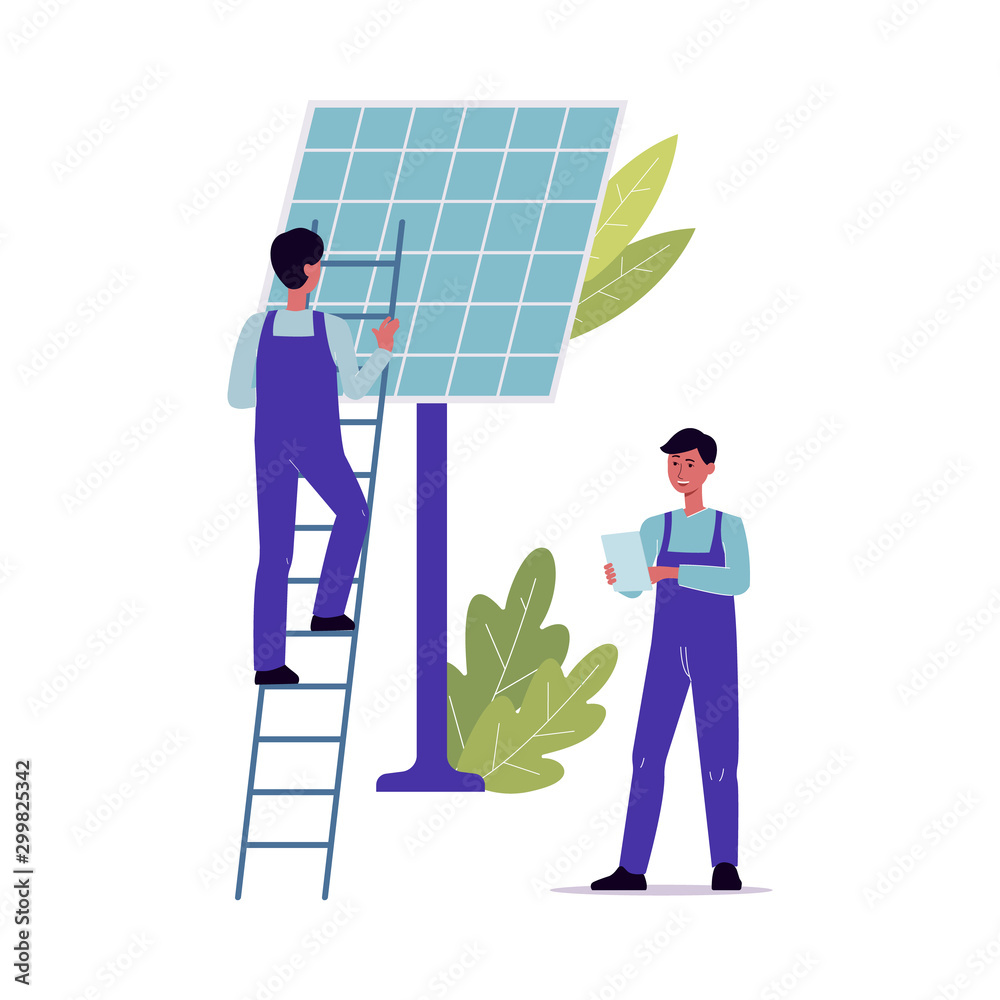 Solar panel maintenance and repair workers - cartoon men climbing ...