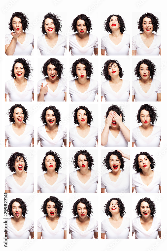 Set of emotions of a young beautiful woman. Bright brunette with curly ...