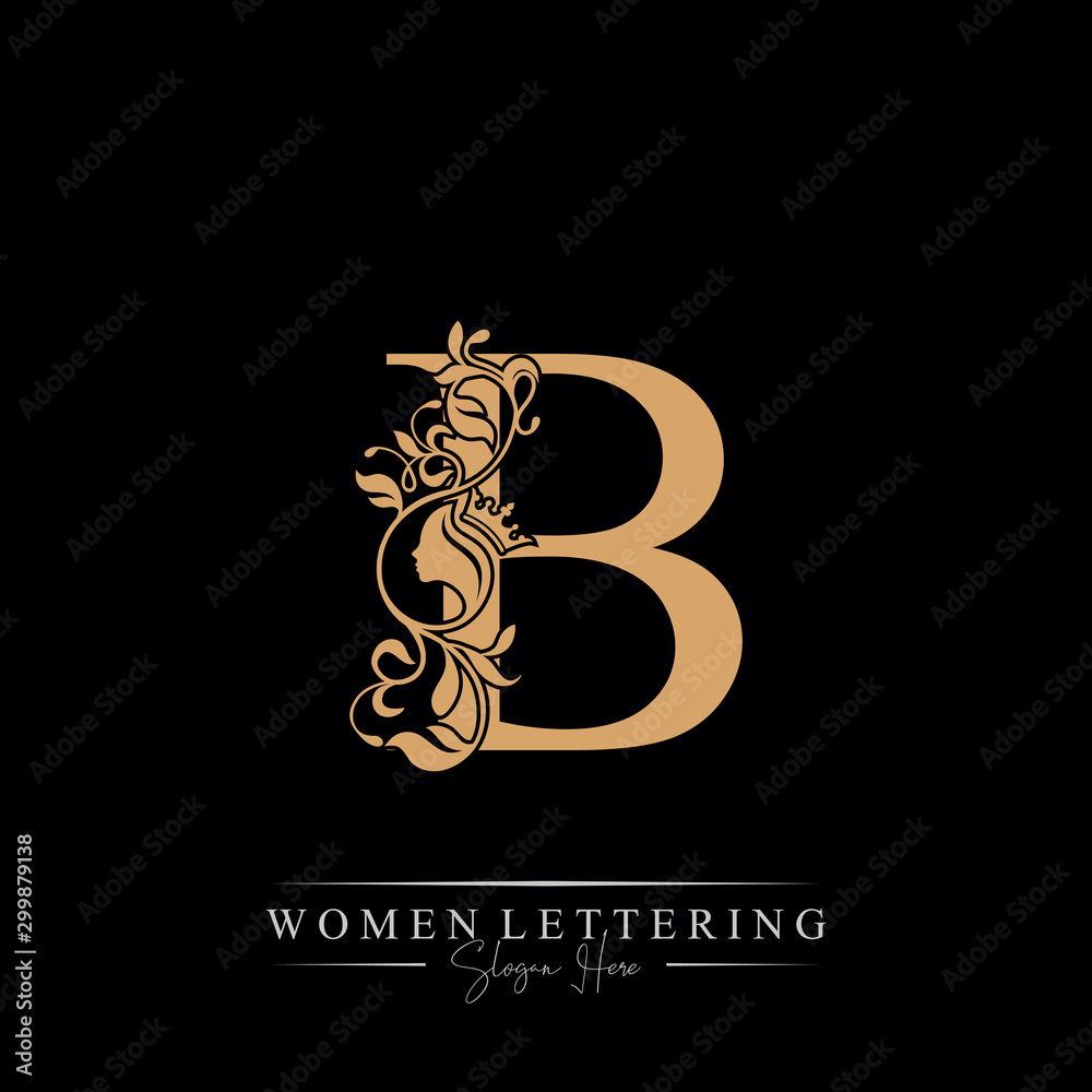 Initial letter Luxury B logo with beautiful woman portrait. Leaf ...